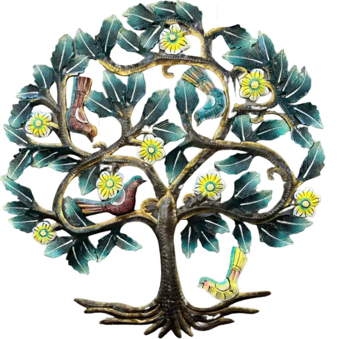 Haitian Painted Tree with Flowers and Bird